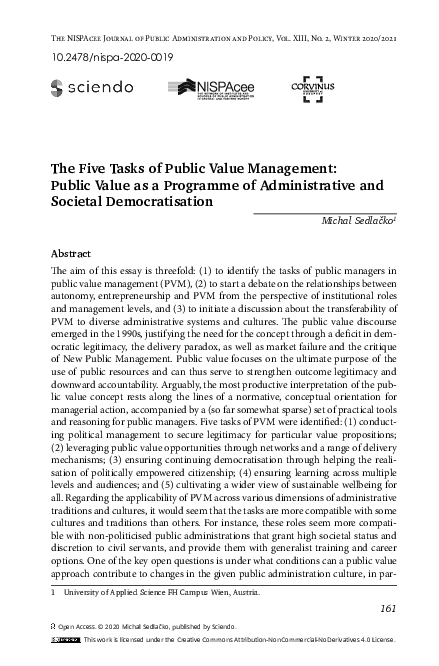 (PDF) The Five Tasks of Public Value Management: Public Value as a Programme of Administrative ...