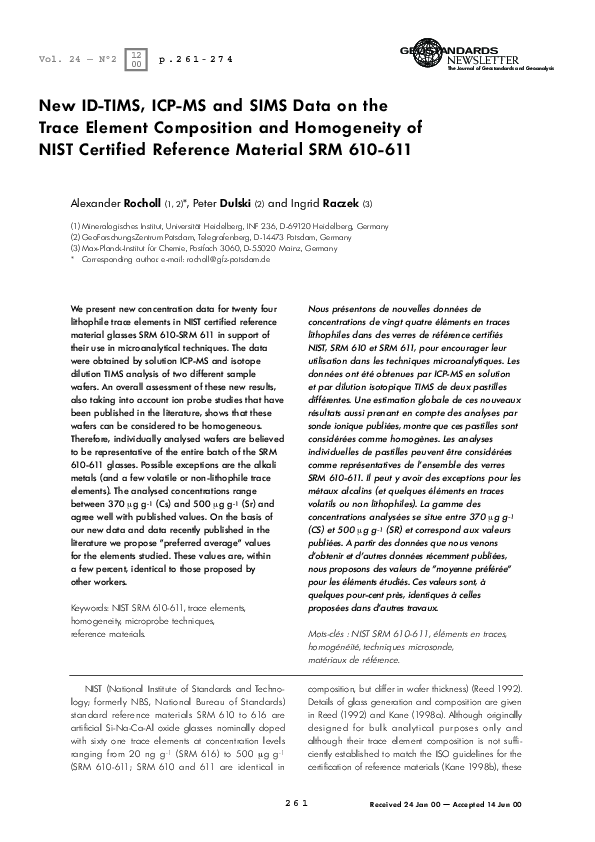 (PDF) New ID-TIMS, ICP-MS and SIMS Data on the Trace Element Composition and Homogeneity of NIST ...