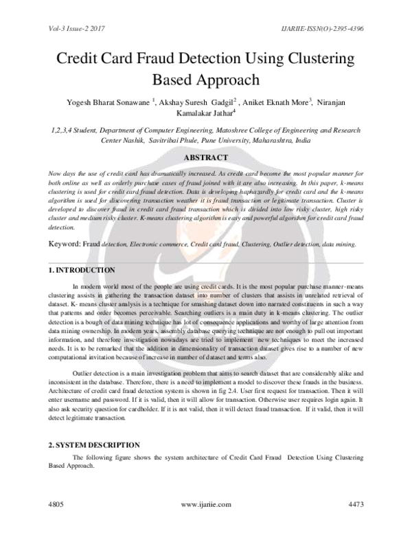 Pdf Credit Card Fraud Detection Using Clustering Based Approach