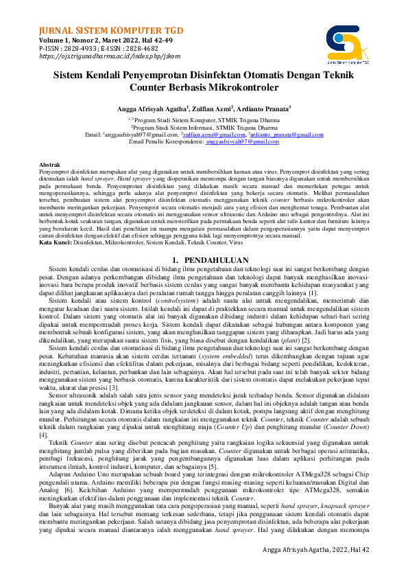 (PDF) Sistem Kendali Penyemprotan Disinfektan Otomatis Dengan Teknik Counter Berbasis Mikrokontroler