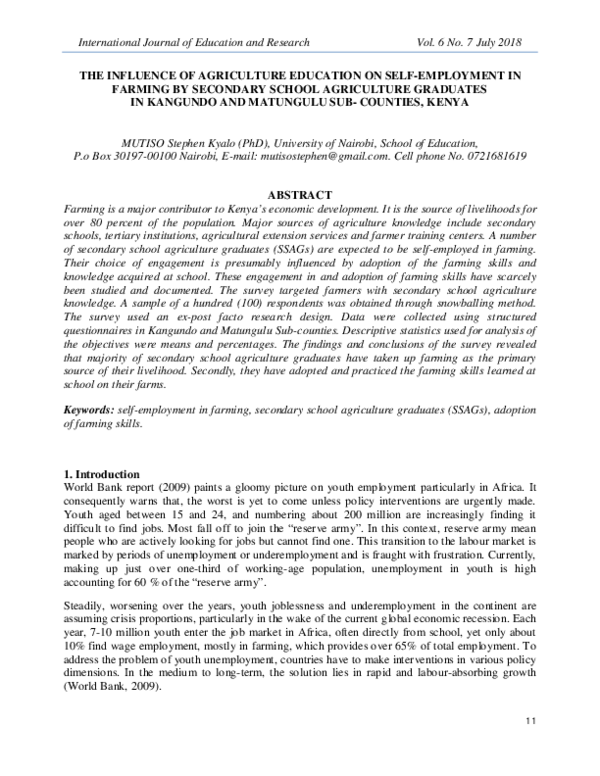 (PDF) The Influence of Agriculture Education on Self-Employment in ...