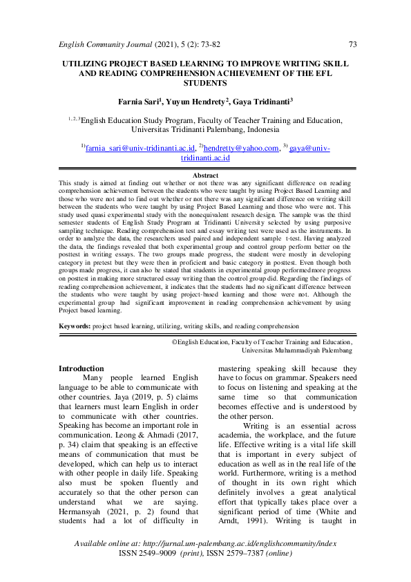 (PDF) Utilizing Project Based Learning to Improve Writing Skill and ...