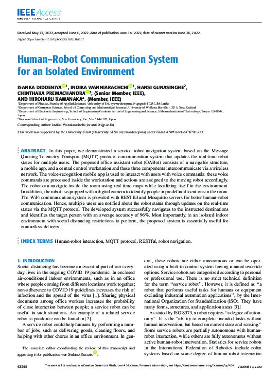 (PDF) Human–Robot Communication System for an Isolated Environment