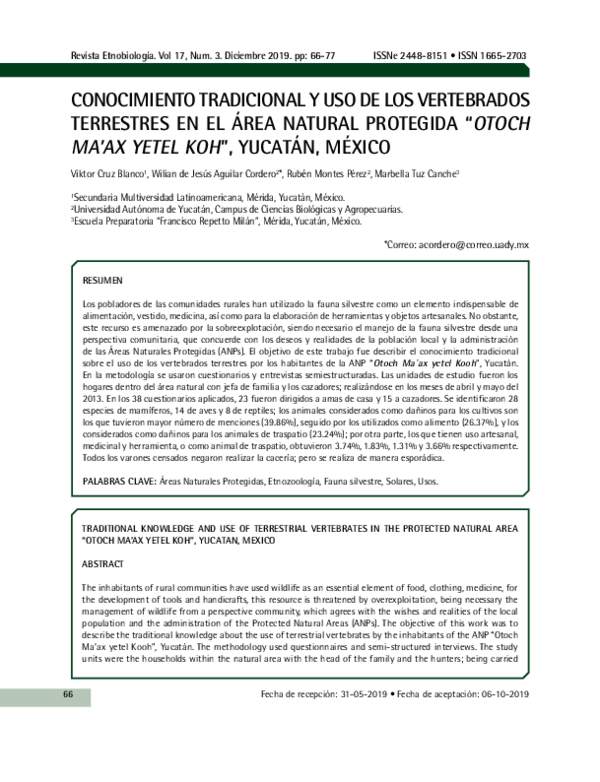 (PDF) Conocimiento tradicional y uso de los vertebrados terrestres en ...