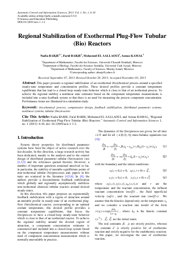 (PDF) Observer Design for a Class of Exothermal Plug-Flow Tubular Reactors