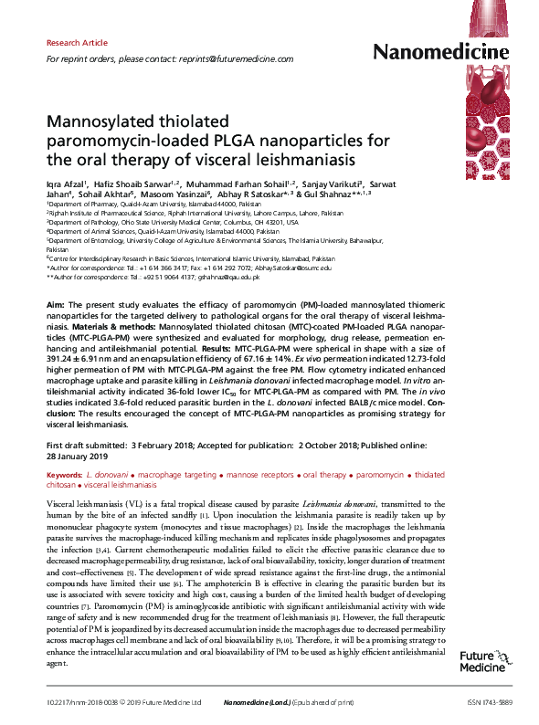 (PDF) Mannosylated thiolated paromomycin-loaded PLGA nanoparticles for ...