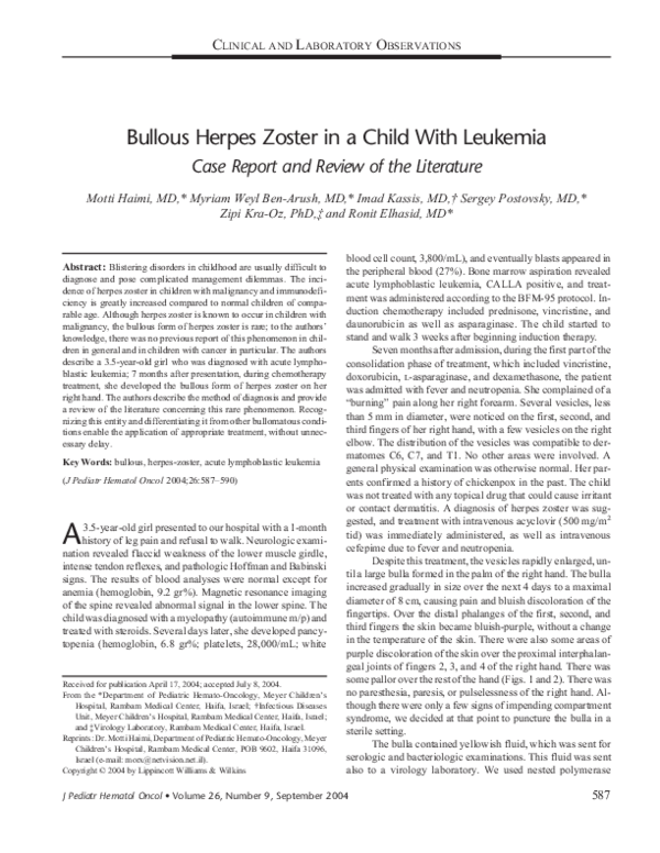 (PDF) Bullous Herpes Zoster in a Child With Leukemia