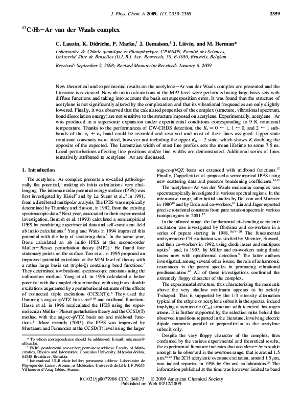 (PDF) Acetylene-Ar van der Waals Complex: Theory and Experiment
