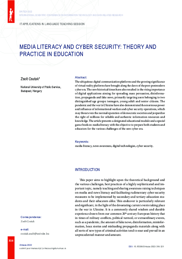 (PDF) Media Literacy and Cyber Security: Theory and Practice in Education