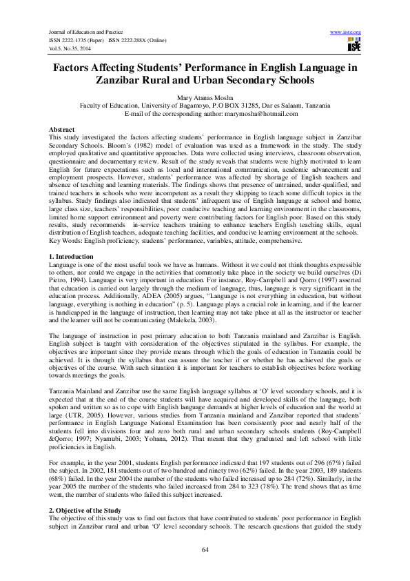 (PDF) Factors Affecting Students’ Performance in English Language in Zanzibar Rural and Urban ...