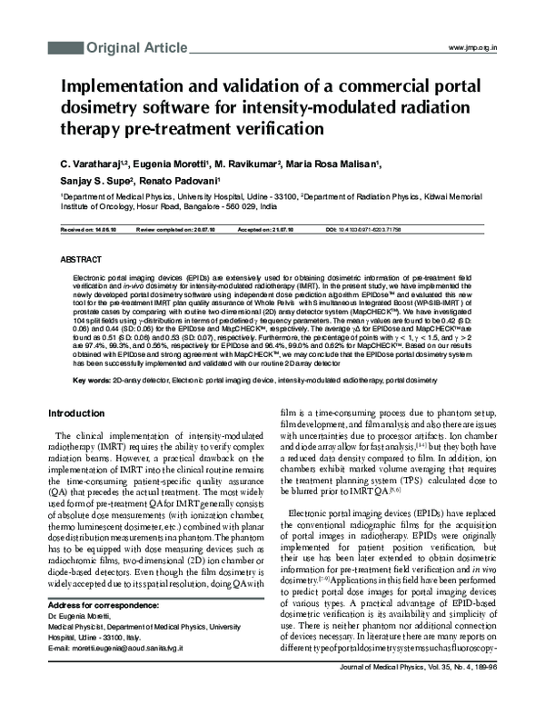 (PDF) Implementation and validation of a commercial portal dosimetry ...