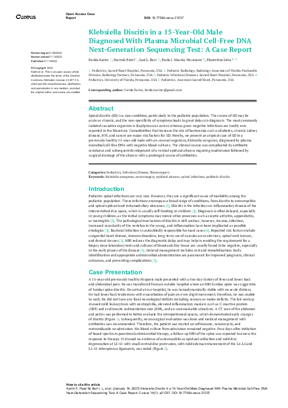 (PDF) Klebsiella Discitis in a 15-Year-Old Male Diagnosed With Plasma Microbial Cell-Free DNA ...