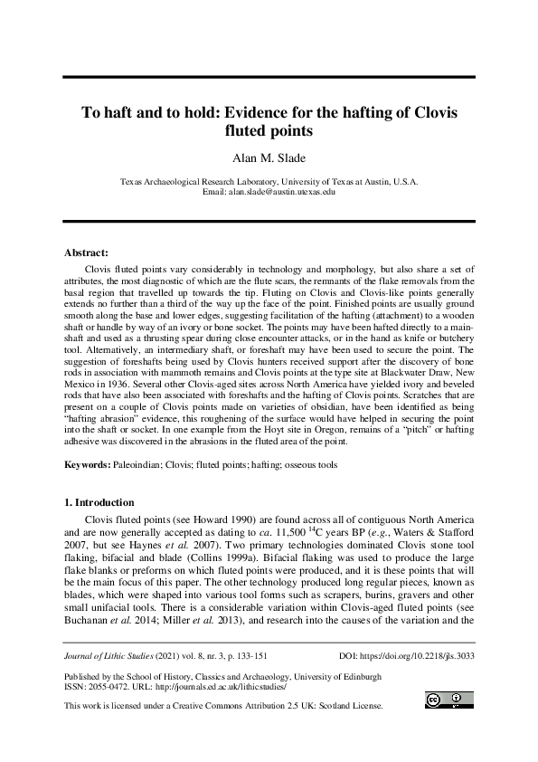 (PDF) To haft and to hold: Evidence for the hafting of Clovis fluted points