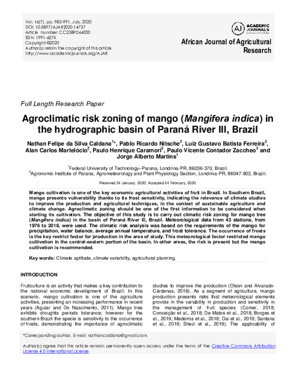 (PDF) Agroclimatic risk zoning of mango (Mangifera indica) in the ...