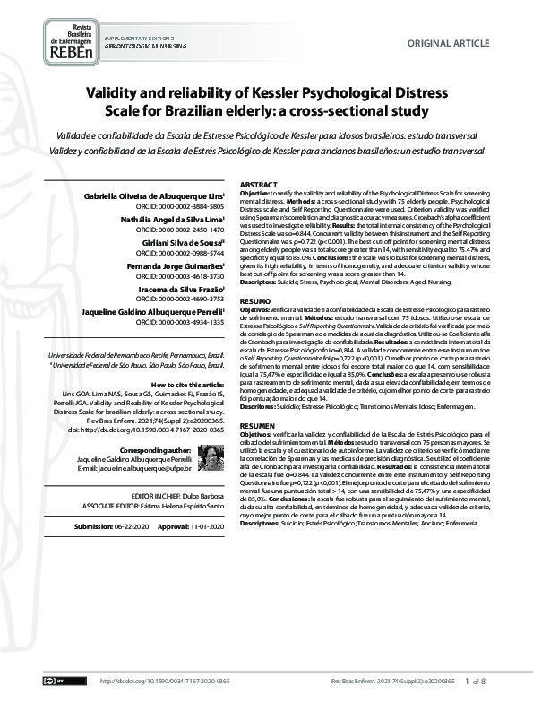 (PDF) Validity and reliability of Kessler Psychological Distress Scale for Brazilian elderly: a ...