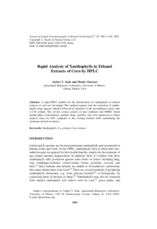 (PDF) Rapid Analysis of Xanthophylls in Ethanol Extracts of Corn by HPLC