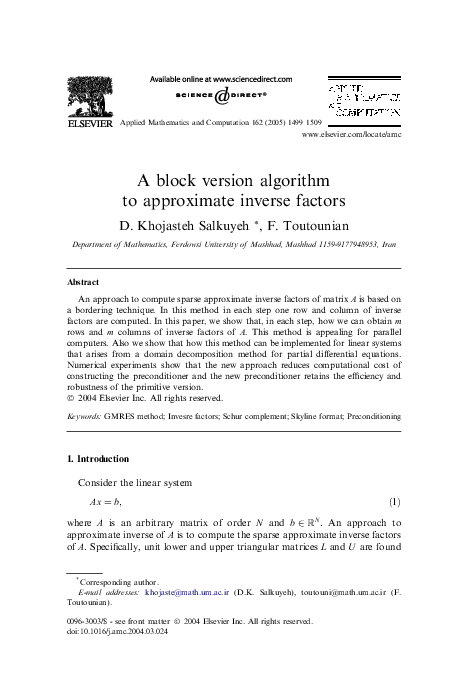 Pdf A Block Version Algorithm To Approximate Inverse Factors