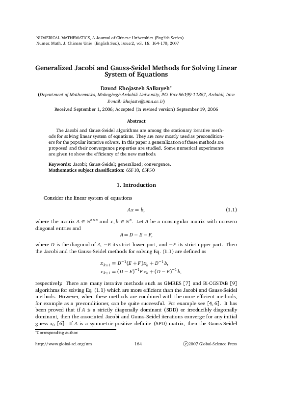 (PDF) Generalized Jacobi and Gauss-Seidel Methods for Solving Linear System of Equations