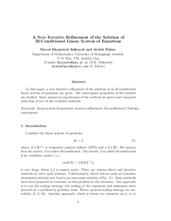 (PDF) A new iterative refinement of the solution of ill-conditioned linear system of equations