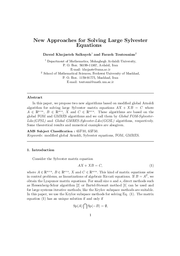 (PDF) New approaches for solving large Sylvester equations