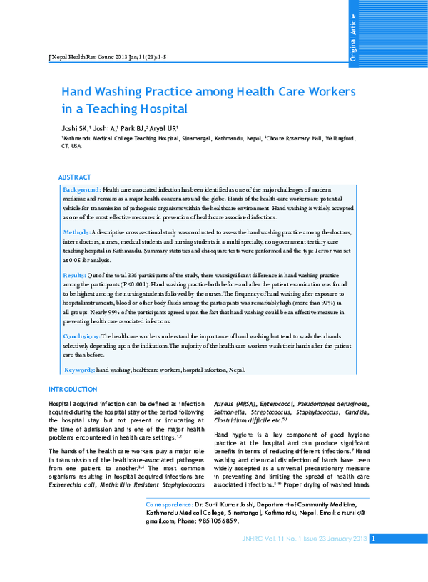 (PDF) Hand washing practice among health care workers in a teaching ...