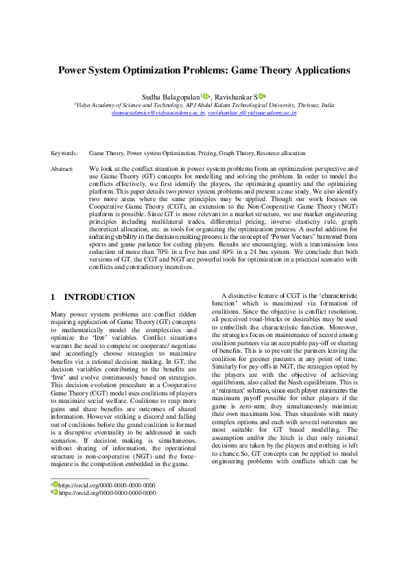 Pdf Power System Optimization Problems Game Theory Applications