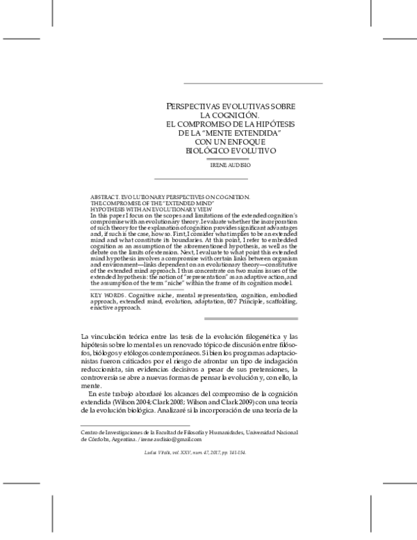 (PDF) Perspectivas evolutivas sobre la cognición. El compromiso de la ...