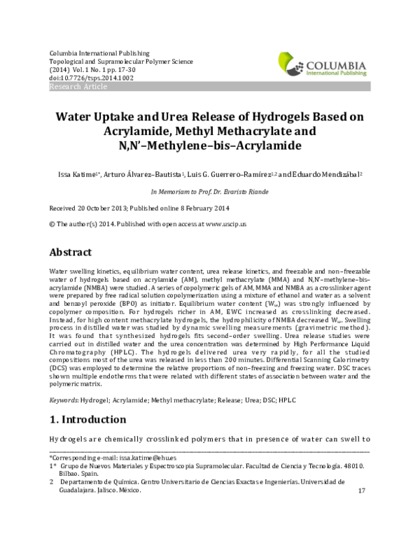 (PDF) Water Uptake and Urea Release of Hydrogels Based on Acrylamide ...