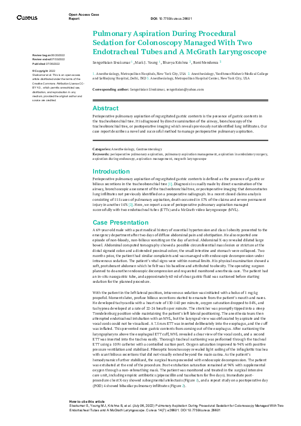 (PDF) Pulmonary Aspiration During Procedural Sedation for Colonoscopy ...