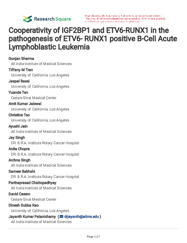 (PDF) Cooperativity of IGF2BP1 and ETV6-RUNX1 in the pathogenesis of ETV6- RUNX1 positive B-Cell ...
