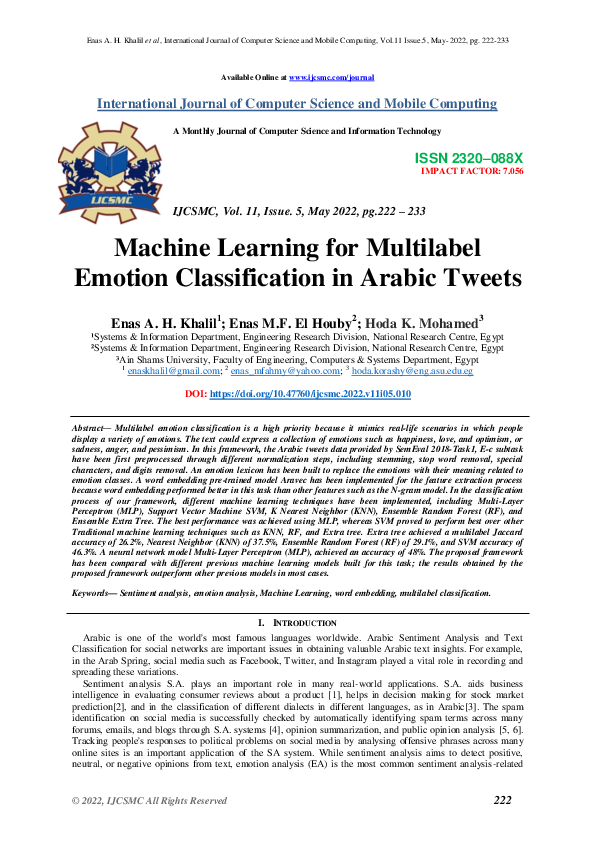 (PDF) Machine Learning for Multilabel Emotion Classification in Arabic ...