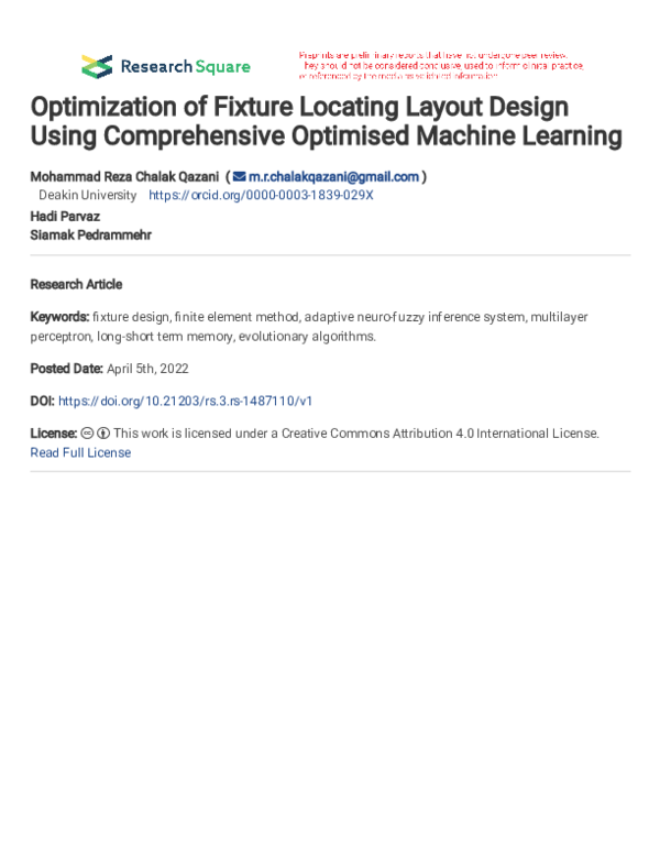 Pdf Optimization Of Fixture Locating Layout Design Using Comprehensive Optimised Machine Learning
