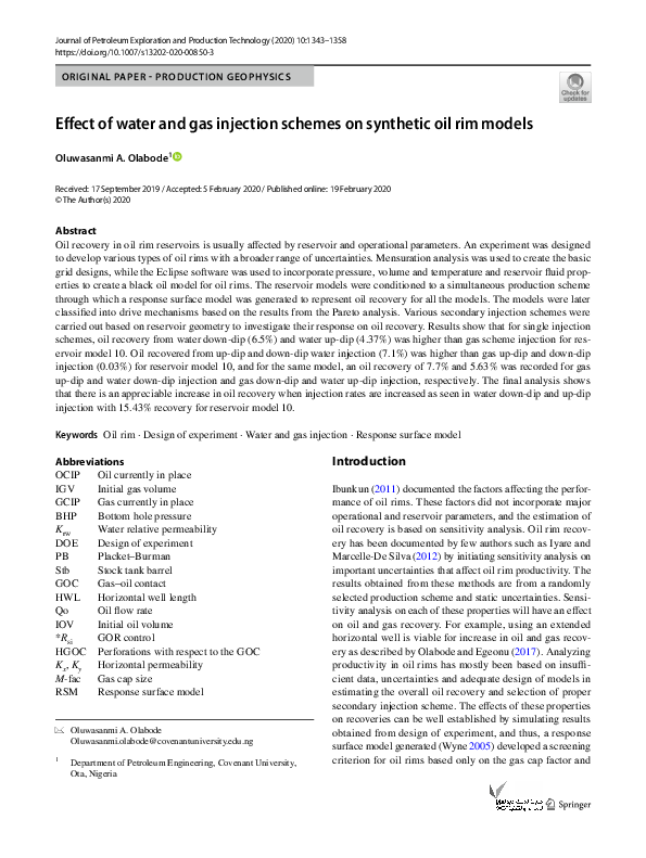 (PDF) Effect of water and gas injection schemes on synthetic oil rim models
