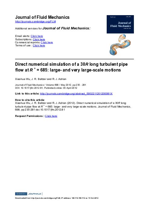 (PDF) Direct numerical simulation of a 30R long turbulent pipe flow at R+ = 685: large- and very ...