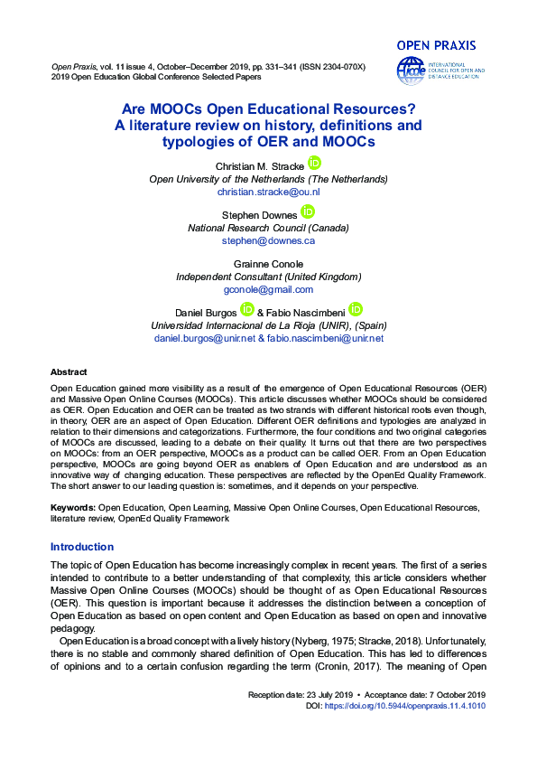(PDF) Are MOOCs Open Educational Resources? A literature review on ...