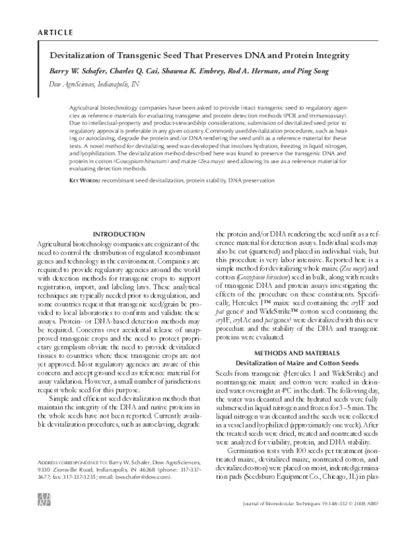 (PDF) Devitalization of transgenic seed that preserves DNA and protein ...