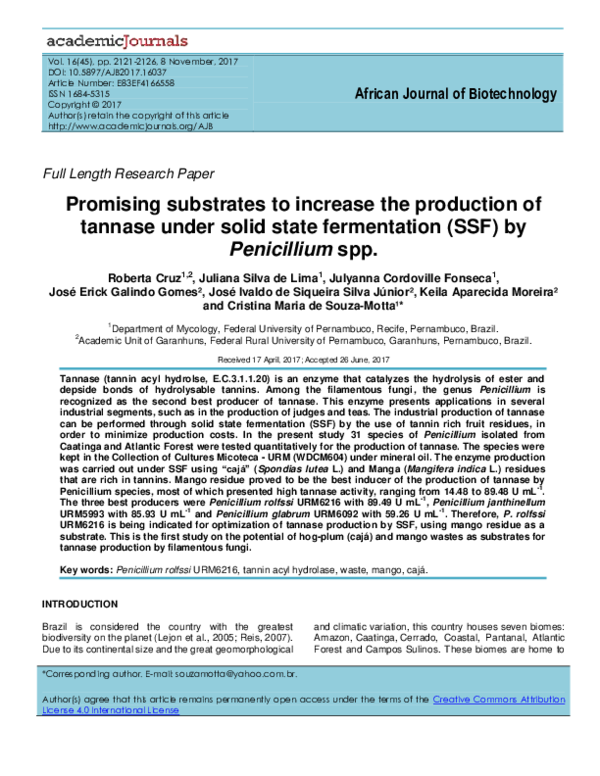 Pdf Promising Substrates To Increase The Production Of Tannase Under Solid State Fermentation
