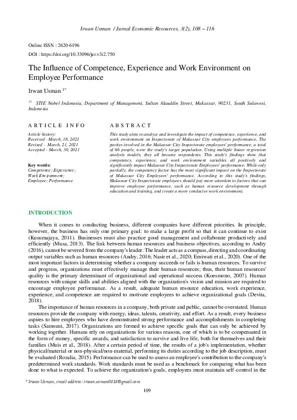(PDF) The Influence of Competence, Experience and Work Environment on Employee Performance