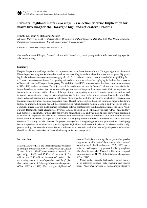 (PDF) Farmers' highland maize ( Zea mays L.) selection criteria ...