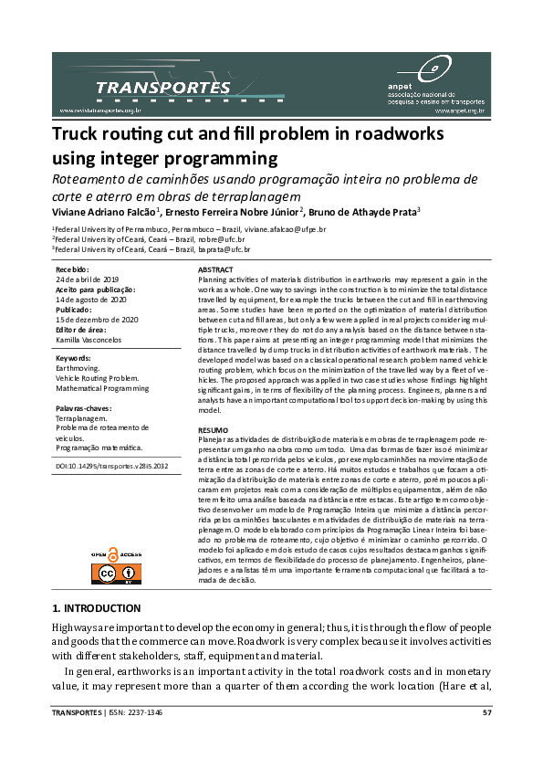 (PDF) Truck routing cut and fill problem in roadworks using integer programming