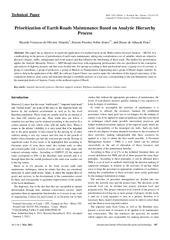 (PDF) Prioritization of Earth Roads Maintenance Based on Analytic Hierarchy Process