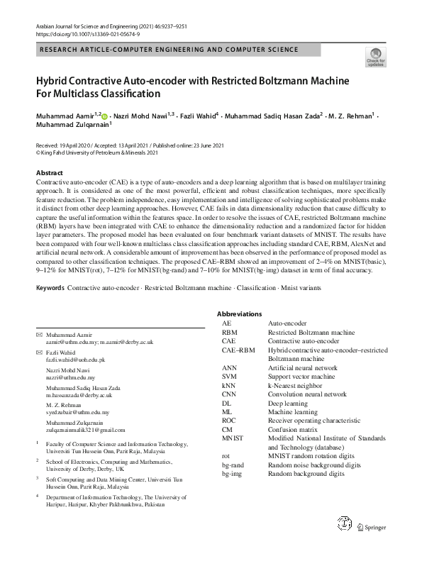 Pdf Hybrid Contractive Auto Encoder With Restricted Boltzmann Machine For Multiclass