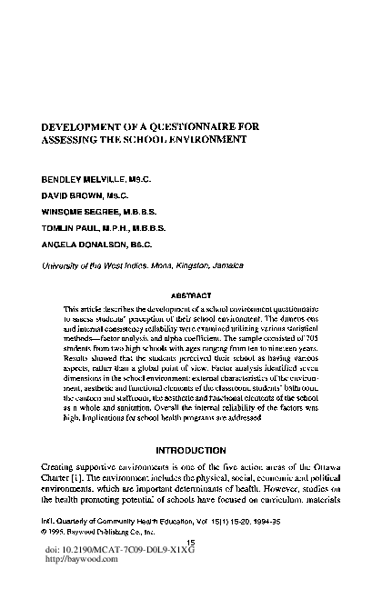 (PDF) Development of a Questionnaire for Assessing the School Environment