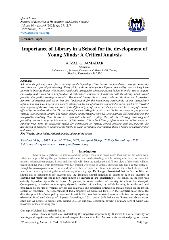 (PDF) Importance of Library in a School for the development of Young ...