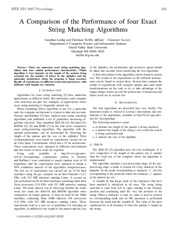 (PDF) A comparison of the performance of four exact string matching algorithms