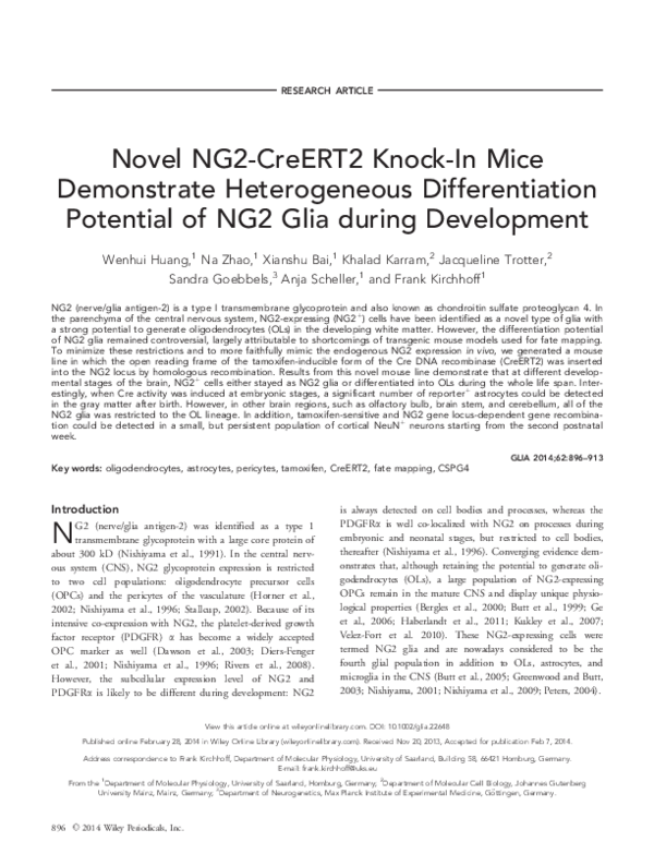(PDF) Novel NG2-CreERT2 knock-in mice demonstrate heterogeneous ...