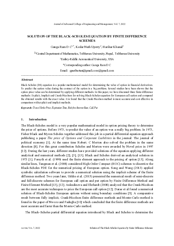 Pdf Solution Of The Black Scholes Equation By Finite Difference Schemes