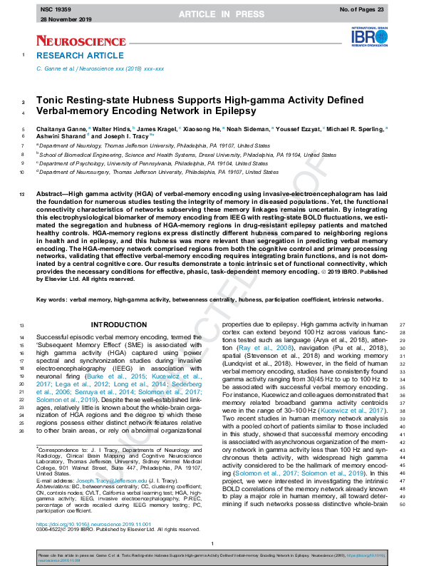 (PDF) Tonic Resting-state Hubness Supports High-gamma Activity Defined Verbal-memory Encoding ...