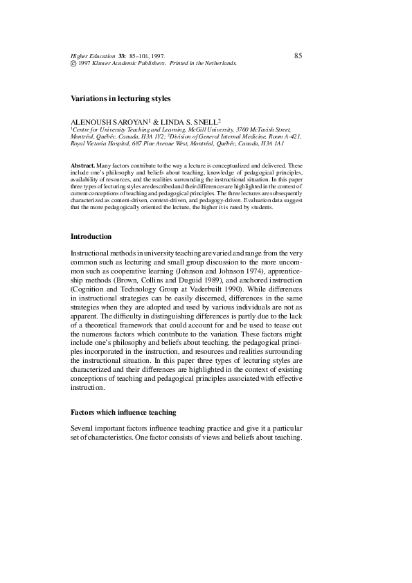 (PDF) Variations in lecturing styles