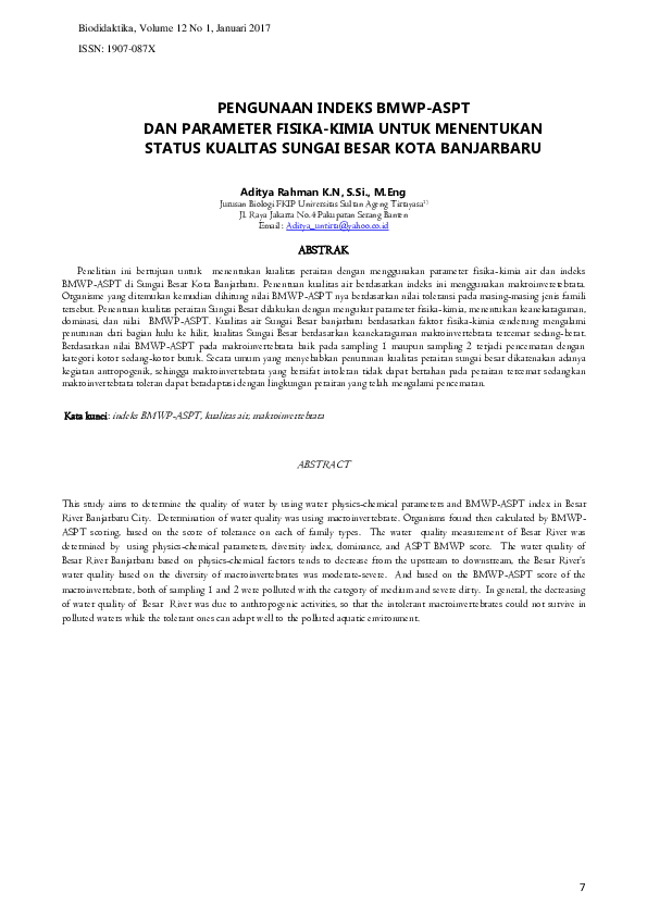 (PDF) Pengunaan Indeks BMWP-Aspt Dan Parameter Fisika-Kimia Untuk ...